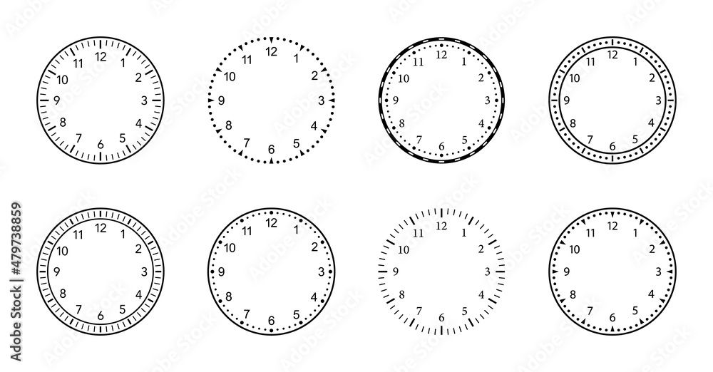 Clock faces. Watch dials with numbers. Templates of round clock faces ...