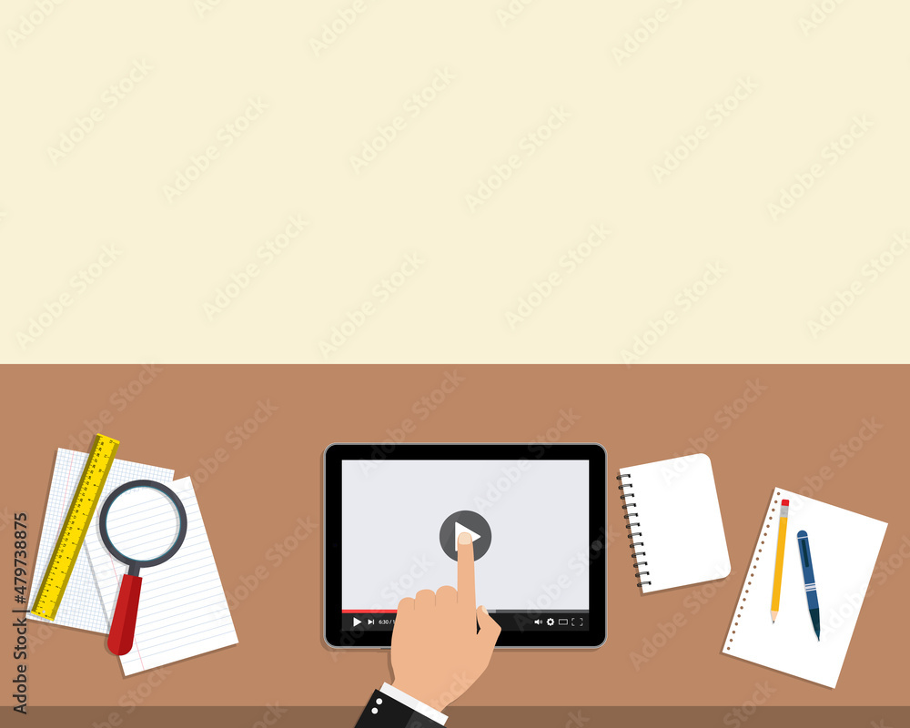 Work desk. Study table with tablet and meeting. Office top view ...