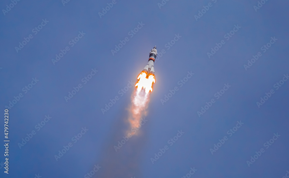 Take-off of a real launch vehicle from a spaceport. A rocket takes off ...