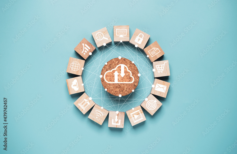 Cloud computing and technology icon print screen on wooden cube block ...