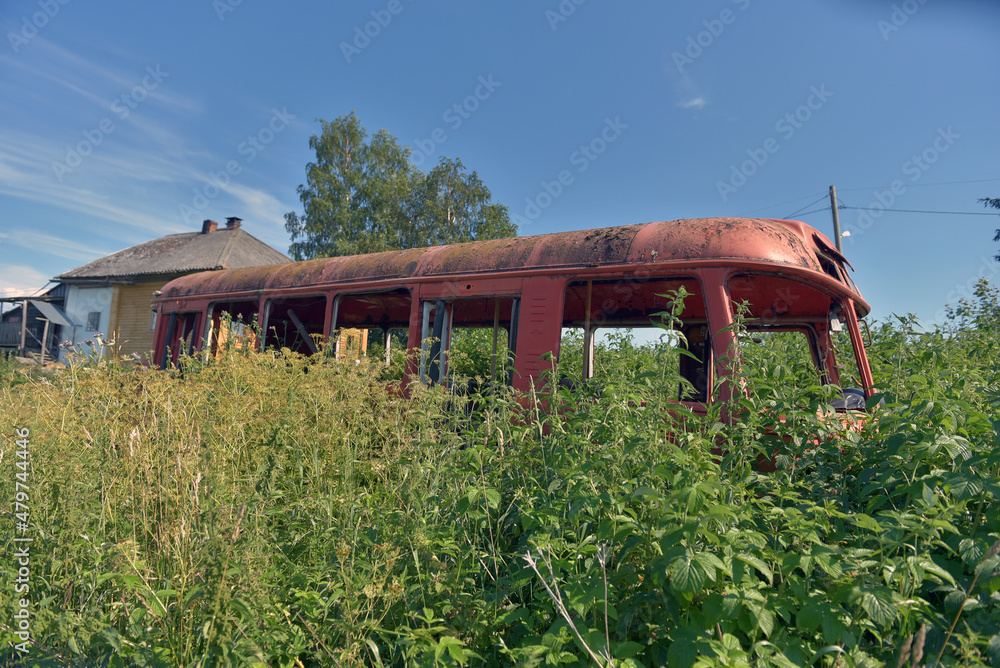old bus collapsed among tall grass Stock Photo | Adobe Stock