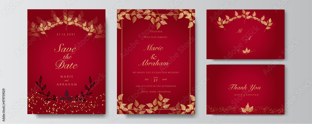 Modern elegant golden red wedding invitation design template Stock ...