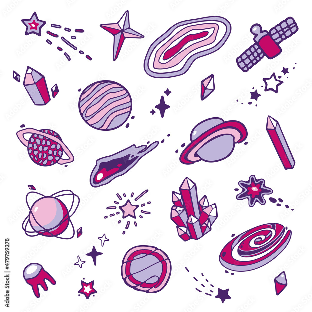 Set of space drawings. Space sketches. Vector isolated images of ...
