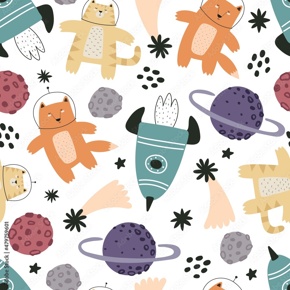 seamless pattern with cartoon animals in space, planet, spaceship ...