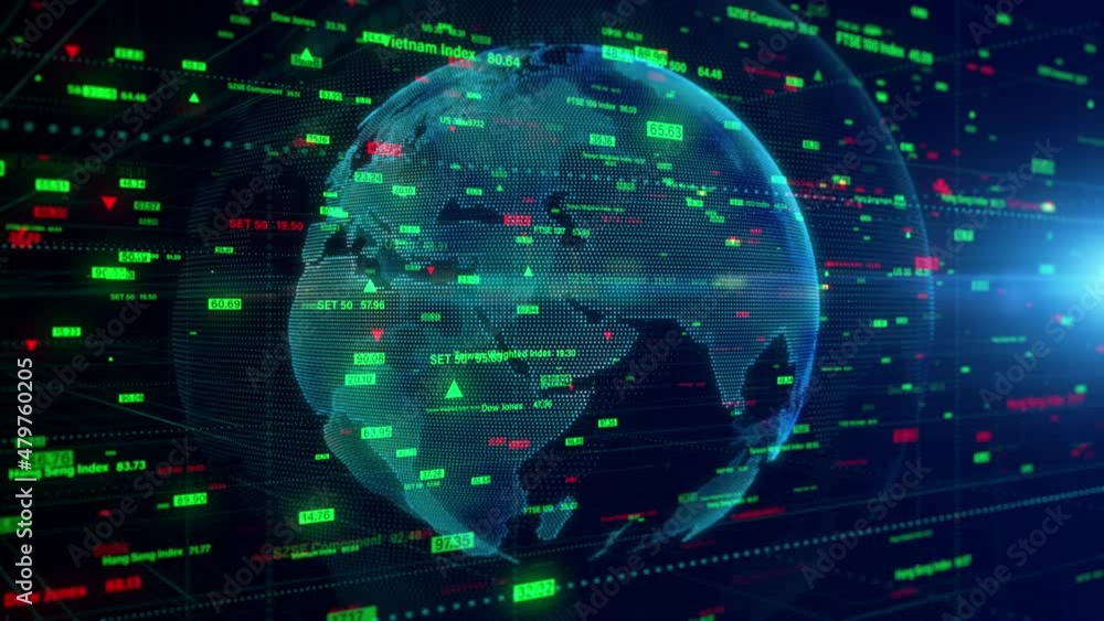 Digital data financial investment with world map and stock indexes ...