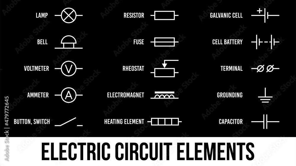Set of electric circuit elements. White icons symbols with titles. Lamp ...