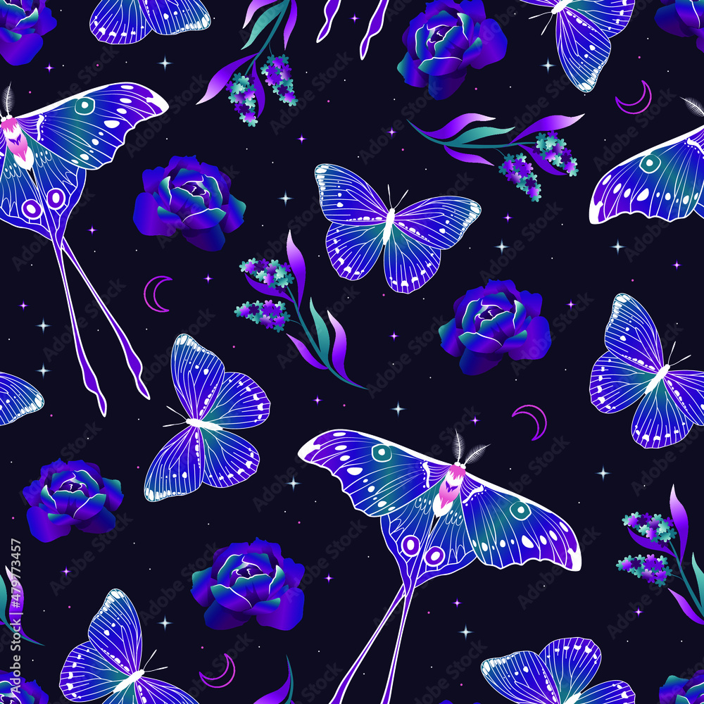 Elegant celestial seamless pattern with herbs. Boho magic background ...