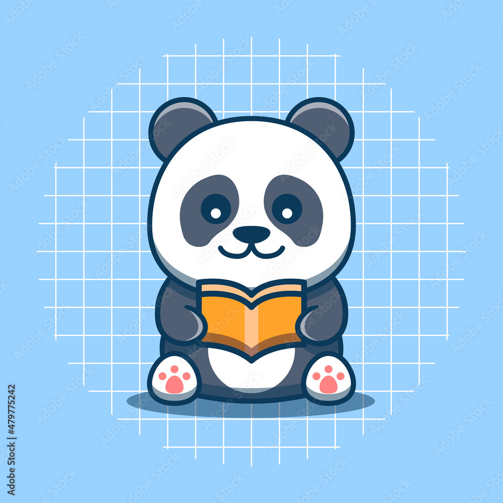 Vector illustration of cute panda character reading a book. Panda with ...