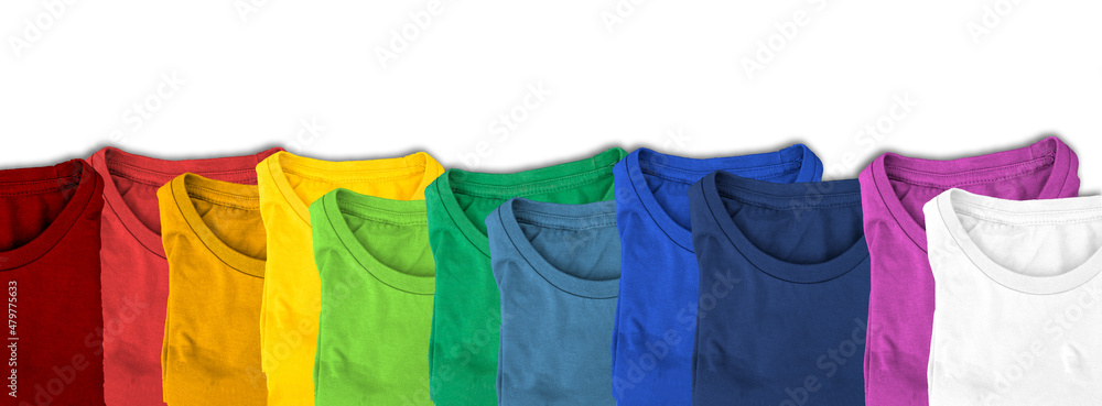 Pile of multi colored t-shirts isolated on white background Stock Photo ...