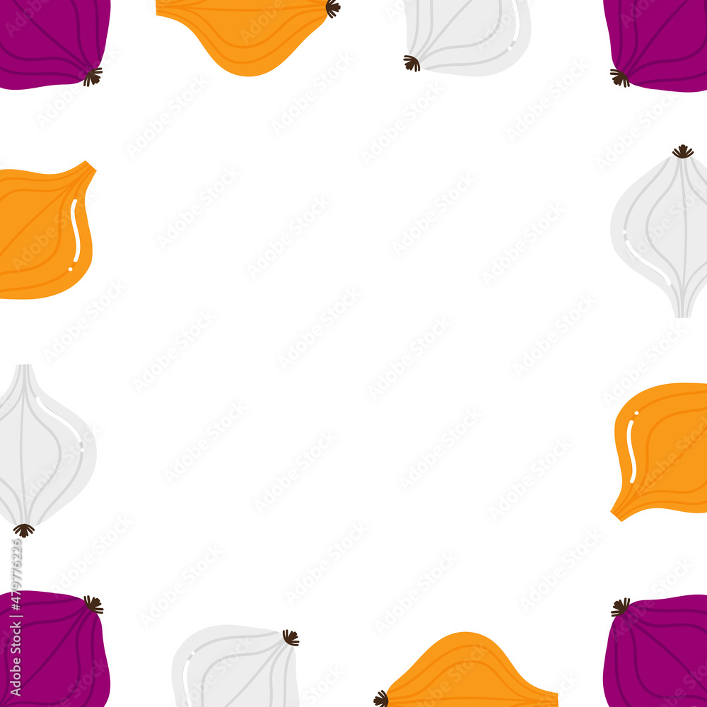 Cute cartoon style red, yellow, white onion vector square frame, border ...