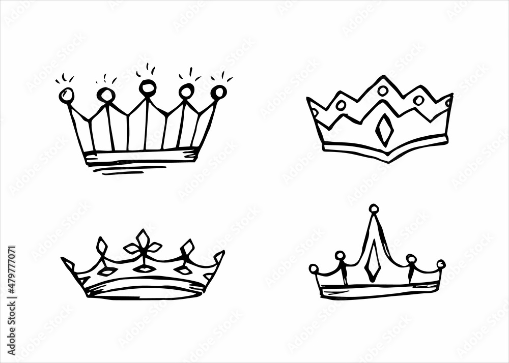 Hand drawn luxurious royal crowns in doodle or sketch style. A rough ...