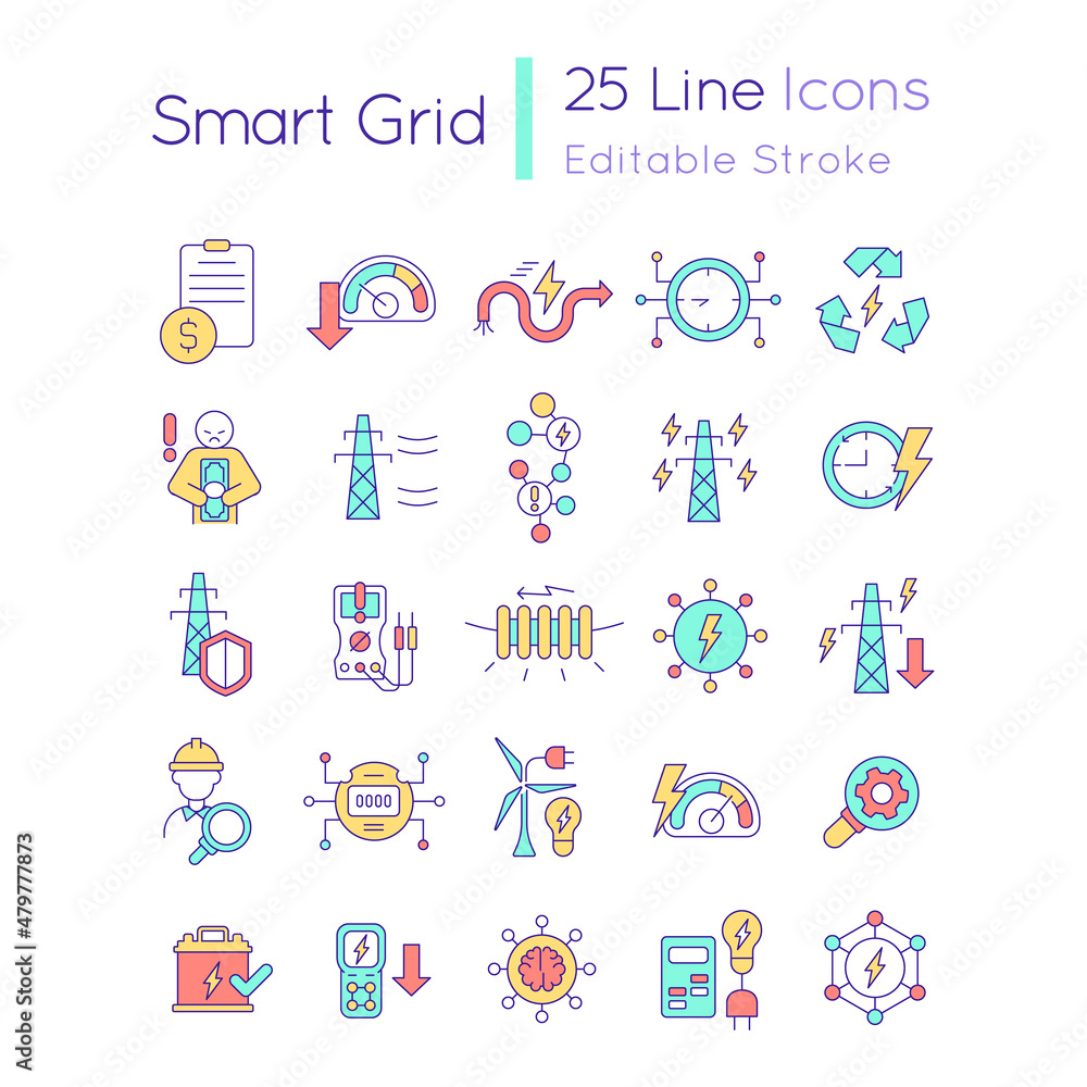 Smart grid RGB color icons set. Intelligent power network. Energy ...