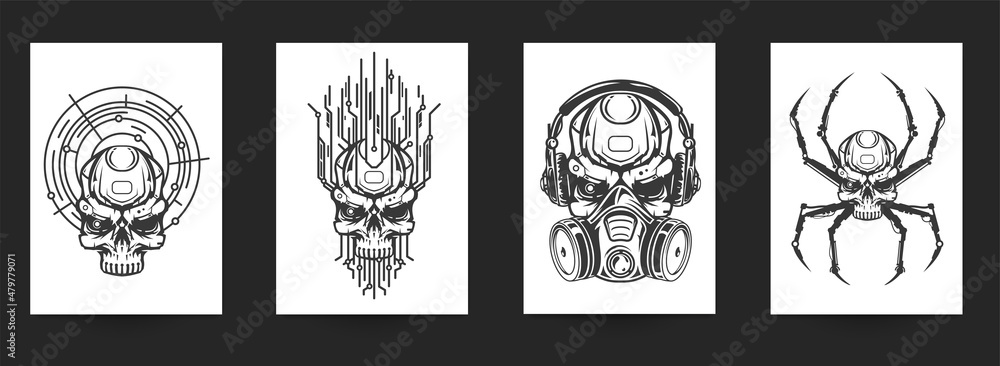 Set of hand drawn art composition with skulls in monochrome vintage ...