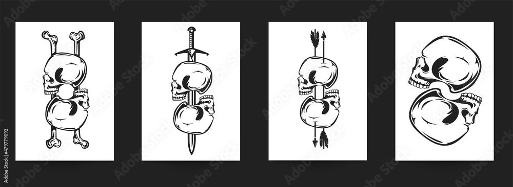 Vecteur Stock Set of hand drawn art composition with skulls in ...