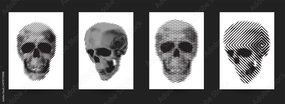 Set of hand drawn art composition with skulls in monochrome vintage ...