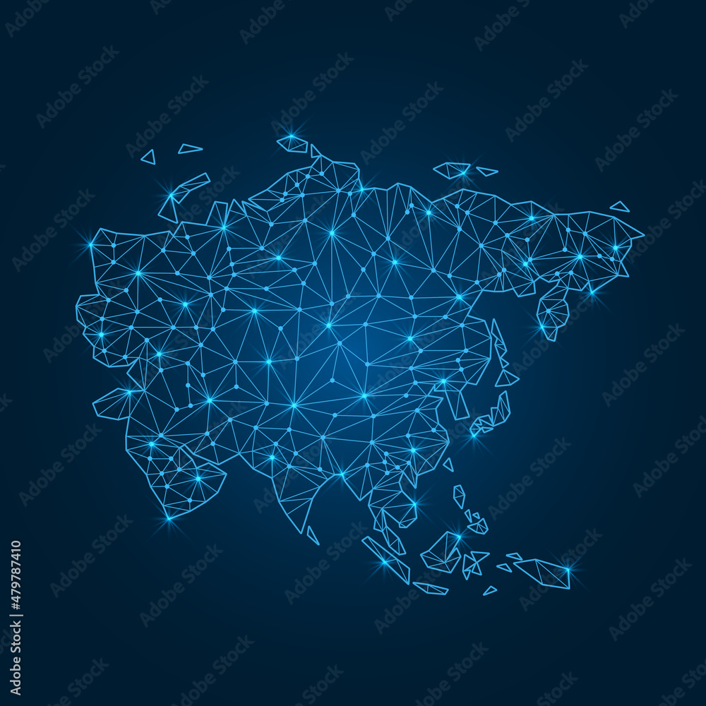Asia map with polygonal glowing shapes. World map linear continent with ...