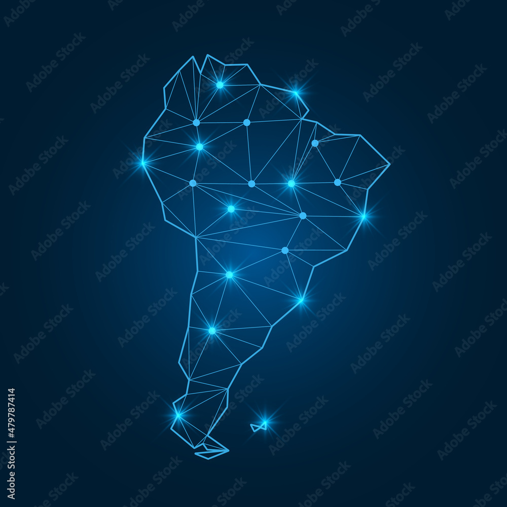 South America map with polygonal glowing shapes. World map linear ...