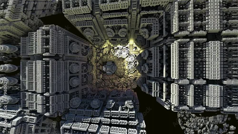 Interior of a fantastic spaceship with fine structures of nested cubes ...