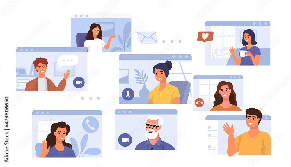 Video call conference vector. Male and female cartoon characters ...