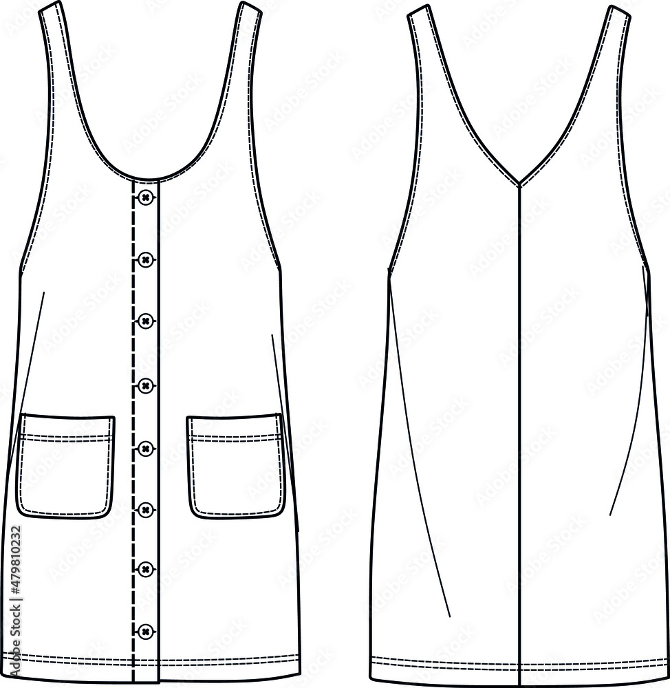 Vector dungaree dress fashion CAD, woman mini dress technical drawing ...
