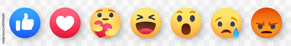 Facebook emoticon buttons. Collection of emoji reactions. Different ...