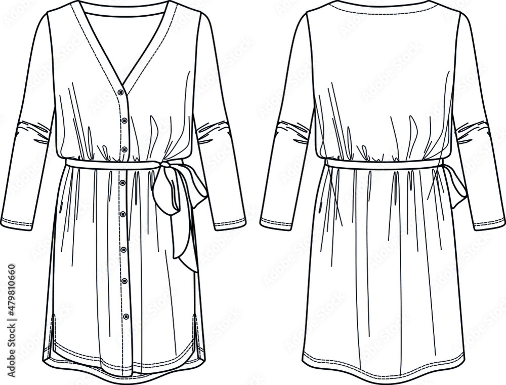 Vector technical drawing, dress fashion CAD, shirt-dress sketch with ...