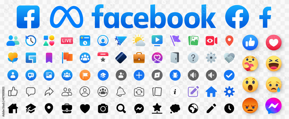 Facebook icons set. Stories, liked, posts, photo, messenger, friends ...