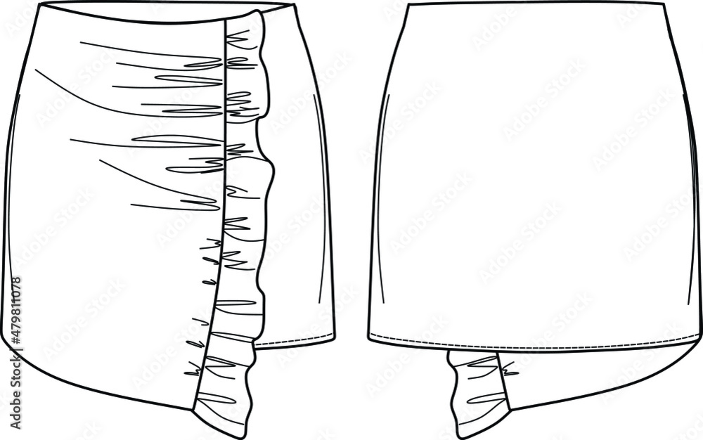 Vector mini skirt fashion CAD, wrapped woman skirt with frill detail ...
