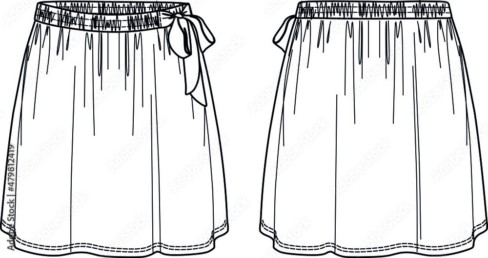 Vector woman skirt technical drawing, skirt fashion CAD with bow detail ...