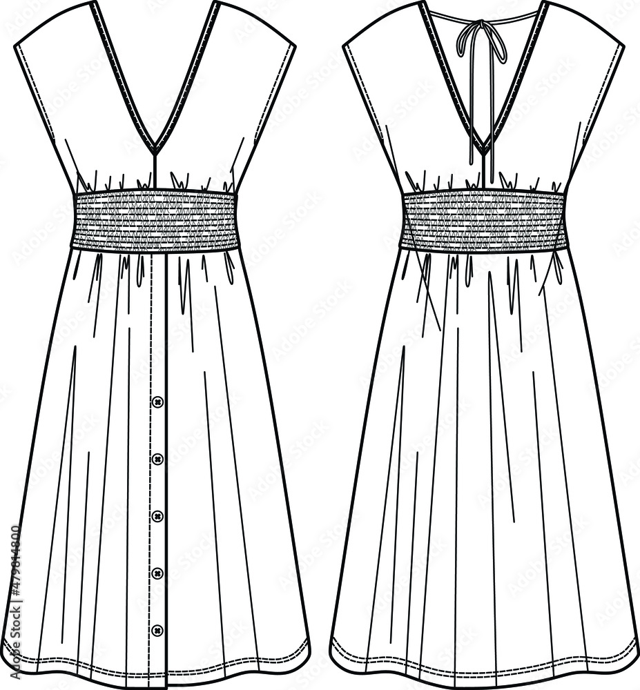 Vector summer v neck dress fashion CAD, woman midi dress with smocked ...