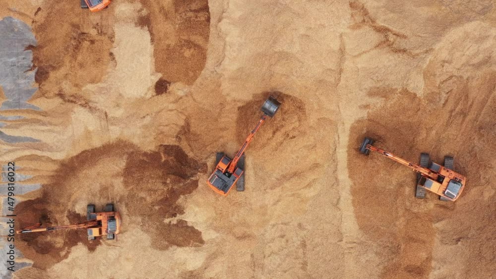 Construction site, Aerial top view road roller and loader excavator ...