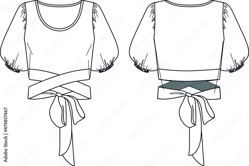 Vector woman round neck blouse sketch, blouse with balloon sleeves ...