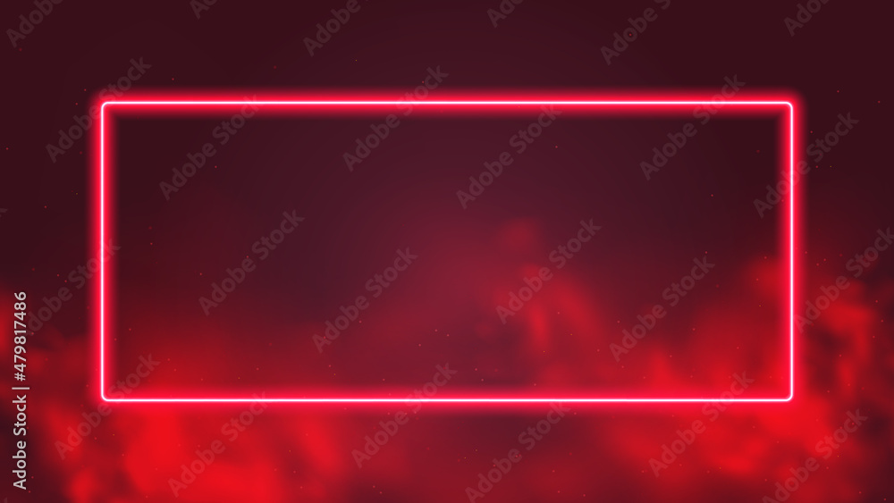 Glowing square frame, red neon rays in smoke, cyber background with ...