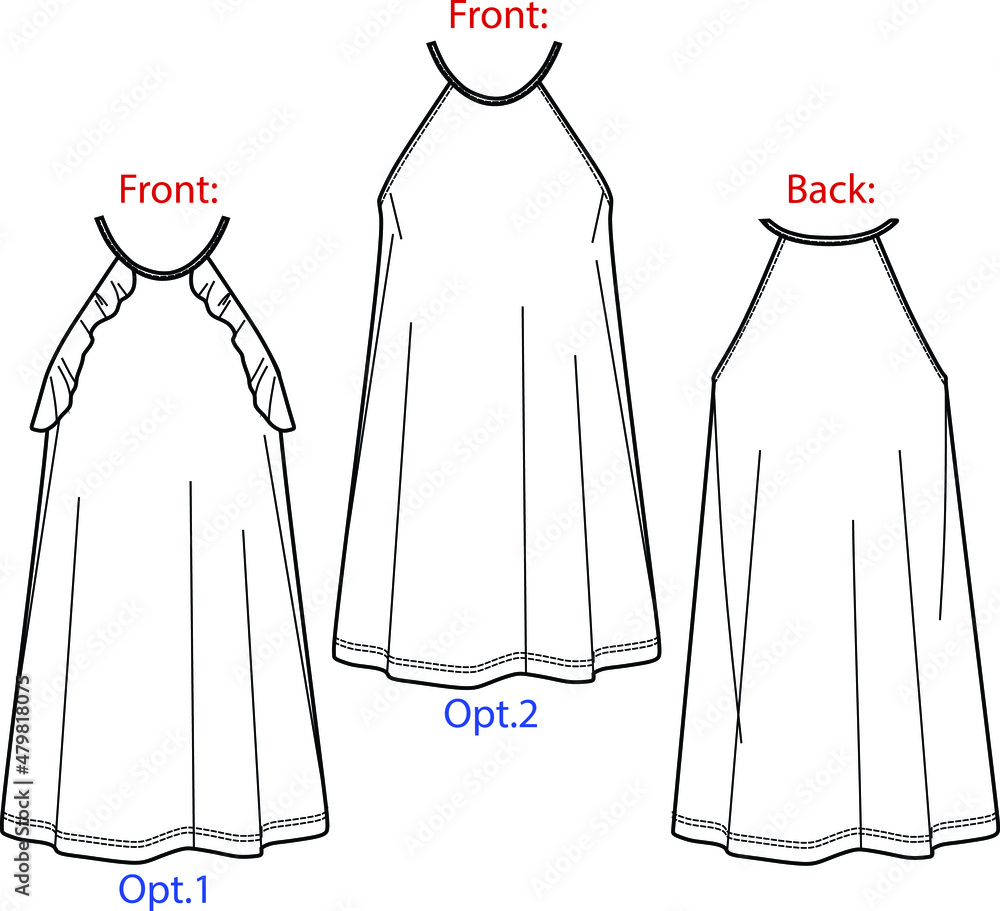 Vector short flared dress fashion CAD, woman a shape dress with frills ...