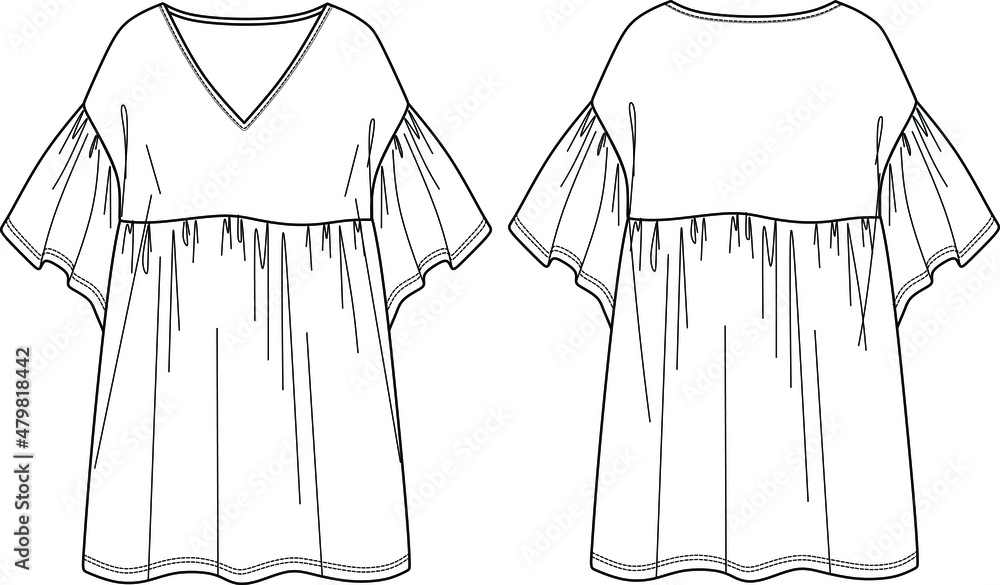 Vector dress sketch, V-neck dress technical drawing, fashionable short ...