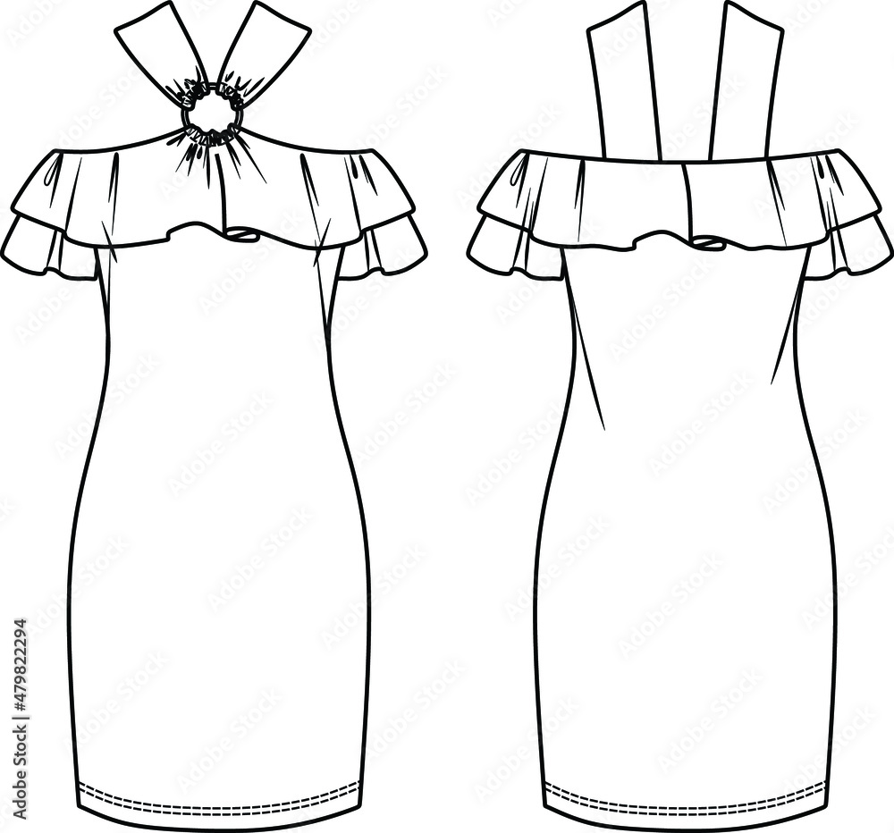 Vector woman summer dress fashion CAD, dress with wide shoulder straps ...