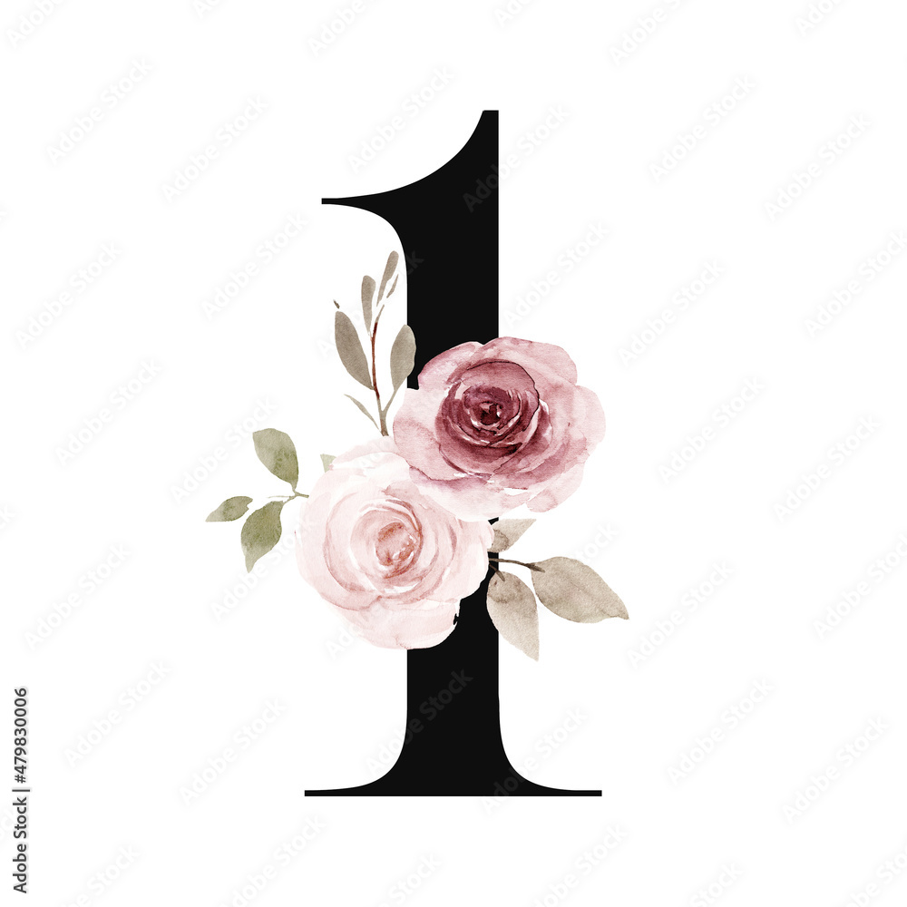 Number 1 with watercolor flowers roses hand painting. Perfectly for ...