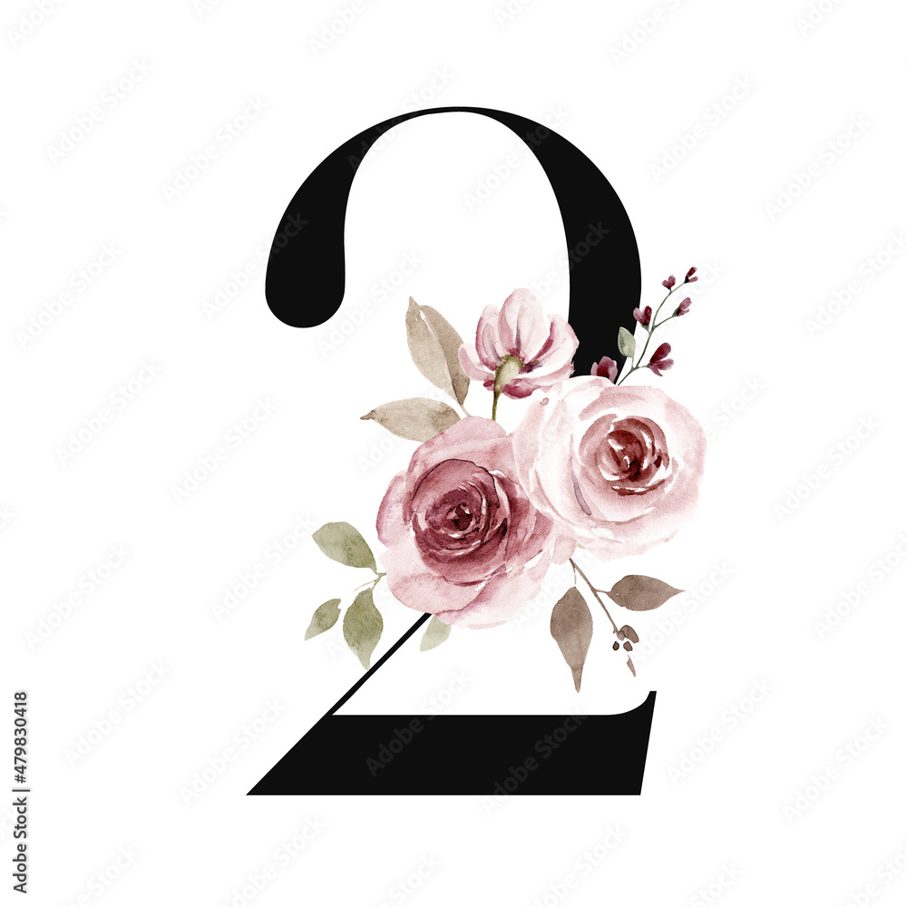 Number 2 with watercolor flowers roses hand painting. Perfectly for ...