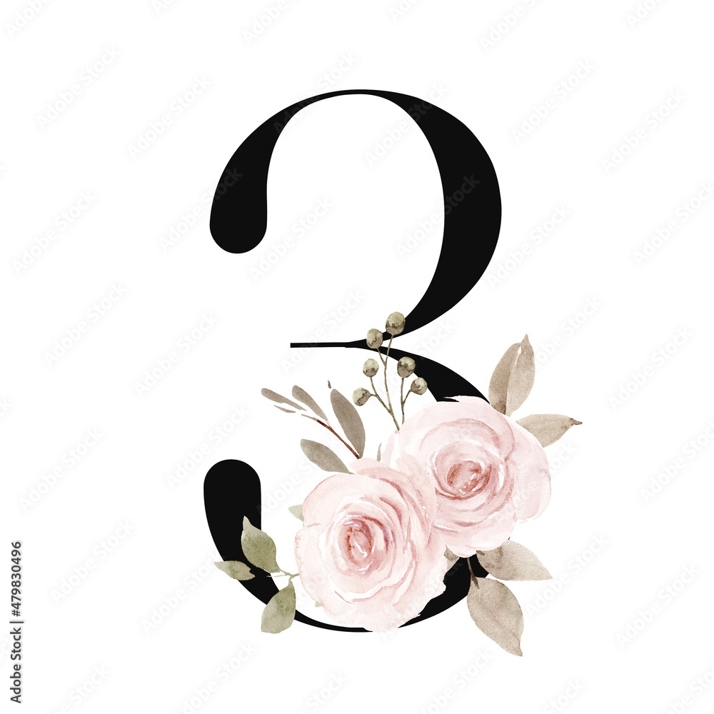 Number 3 with watercolor flowers roses hand painting. Perfectly for ...