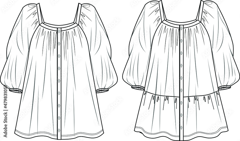 Vector short sleeve mini dress technical drawing, woman tired dress ...