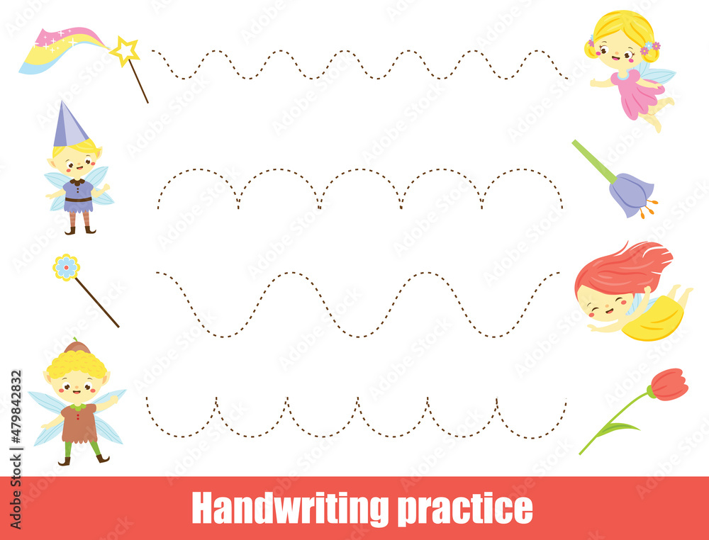 Handwriting practice sheet with cute flying fairy. Educational children ...