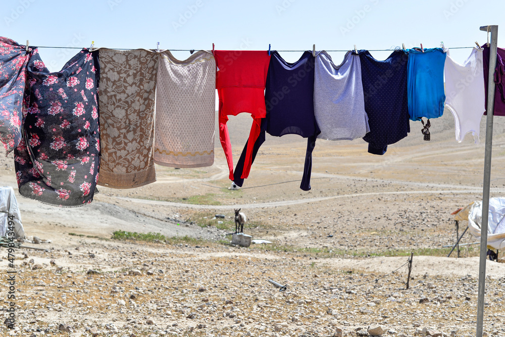 Laundry line with clothes in Bedouin village in Negev desert, Israel ...