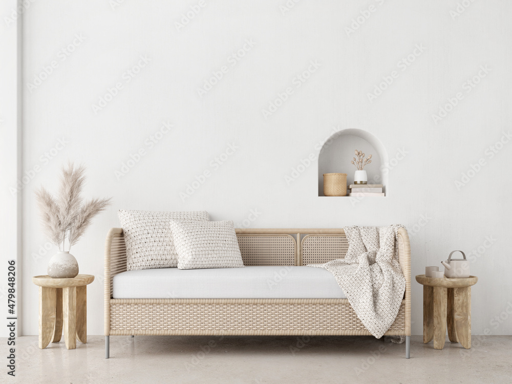 Boho style living room with wicker sofa and pampas in the pot on white ...