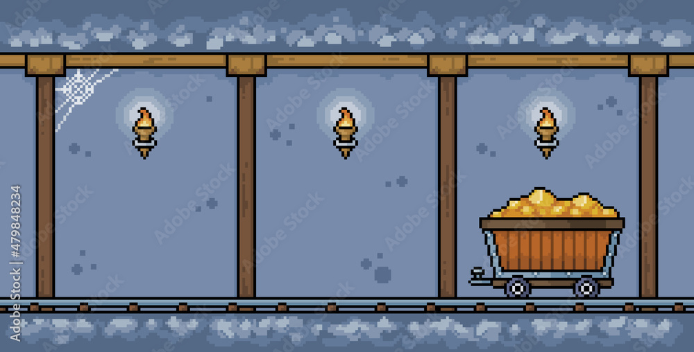 Pixel art gold and ores receiving mine with trolley. Mining cave ...