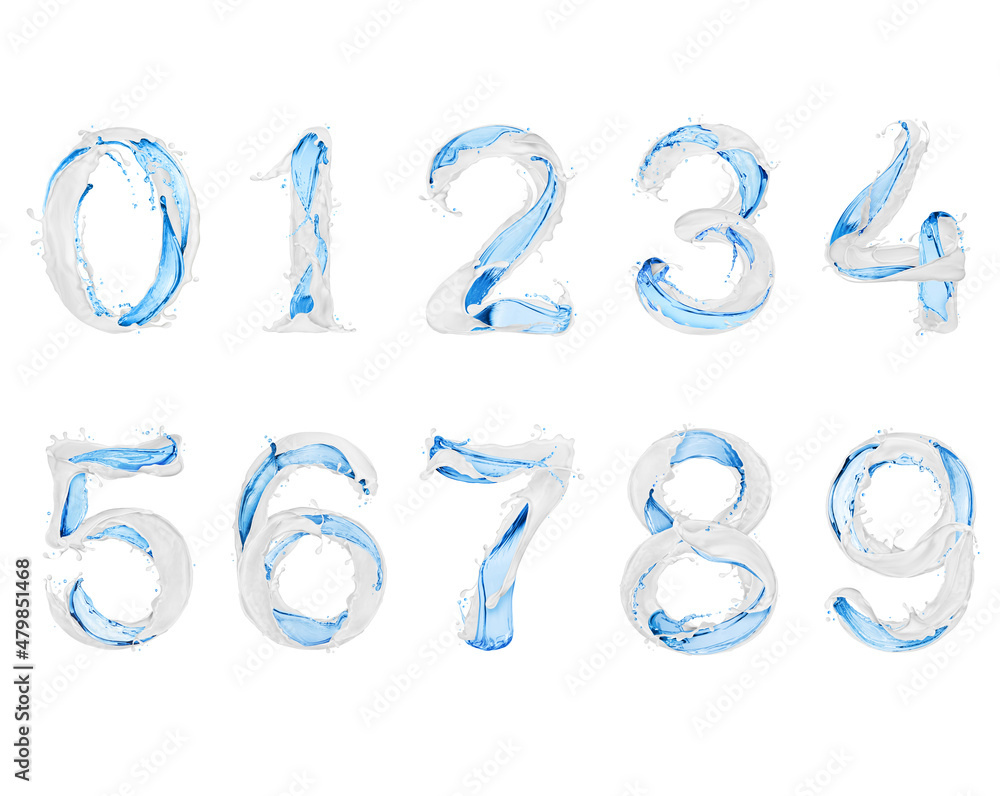 Numbers made with milk and water splashes isolated on a white ...
