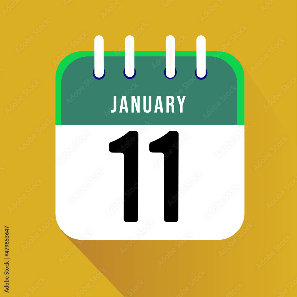 January day 11. Number eleven on a white paper with green border on a ...