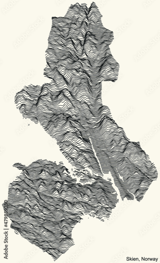 Topographic relief map of the city of SKIEN, NORWAY with black contour ...