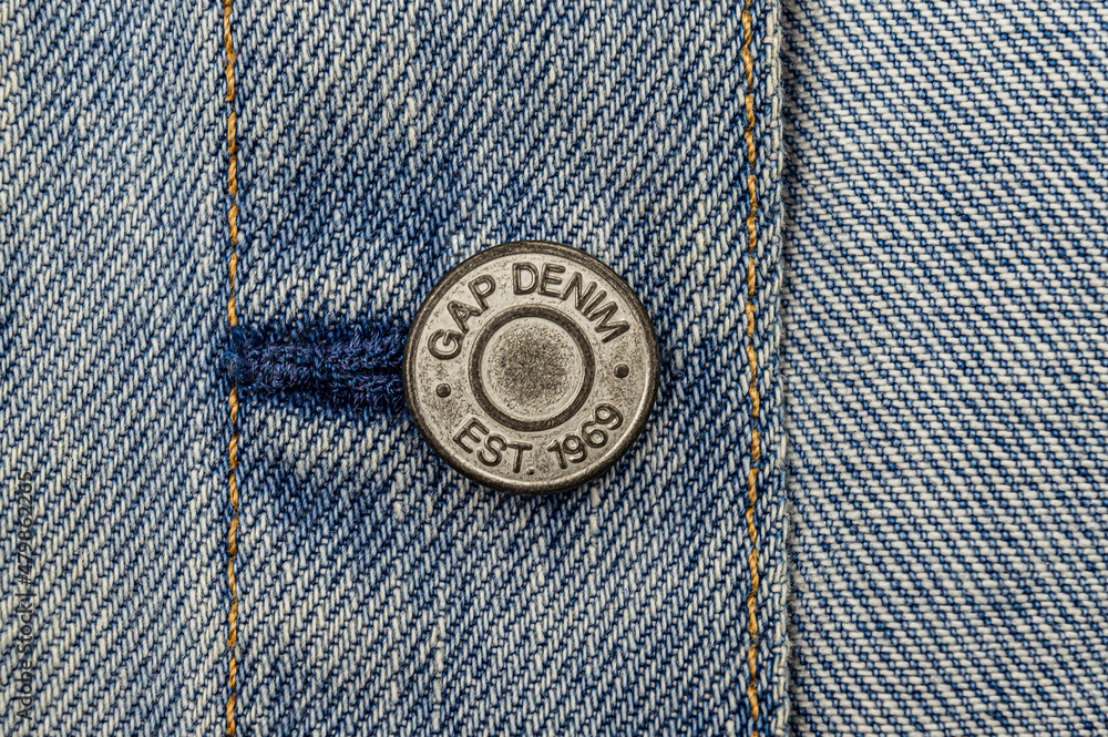 Metal button with famous clothes company sign GAP DENIM, EST. 1969 on ...