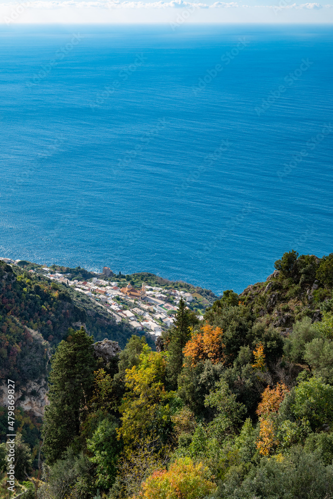 The Italian village of Praiano, seen from above, from the Path of the ...