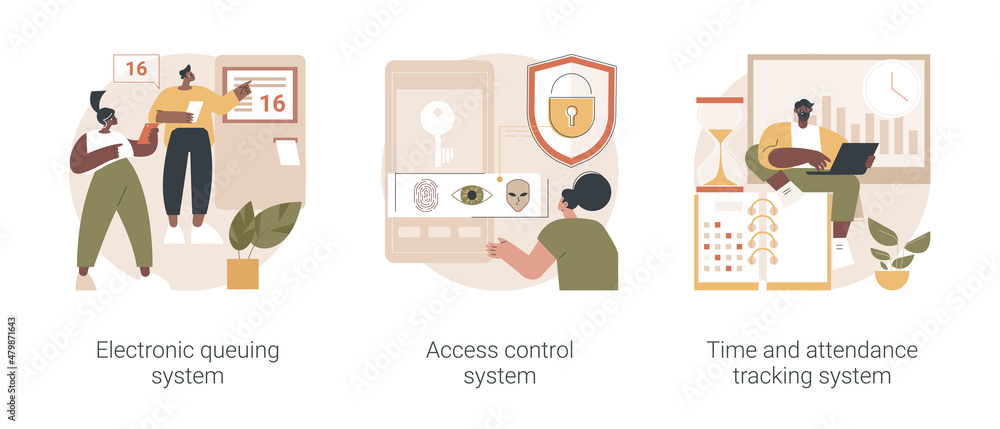 Digital tracking systems abstract concept vector illustration set. Electronic queuing system ...